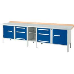 Schäfer Shop Kastenwerkbank Schäfer Shop Select PWi 300-2, Buche Multiplexplatte, mit Stahlabdeckung, bis 750 kg, B 3000 x T 700 x H 840 mm, Enzianblau