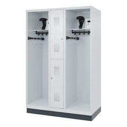 Feuerwehrspind C+P Evolo Maxi, 4 Abteile f&uuml;r 2 Personen, mit Helmhalter, mit Sockel, B 1300 x T 600 x H 1950 mm, RAL 7035 Lichtgrau/RAL 7016 Anthrazitgrau