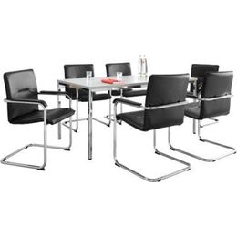 Sparset Freischwinger Rumba, Bezug Kunstleder schwarz, Sitzma&szlig;e B 490 x T 430 x H 470 mm, 6 St&uuml;ck + Konferenztisch, lichtgrau, B 1600 x T 800 x H 720 mm