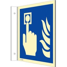moedel Fahnenschild &bdquo;Hausalarm/Brandmelder/Flamme&ldquo;, Leuchtklasse C, 160 mcd/m&sup2;, bis 20 m, L 200 x B 200 mm, Aluminium, blau-wei&szlig;