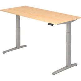 Schreibtisch TOPAS LINE, elektrisch h&ouml;henverstellbar, C-Fu&szlig;, B 1800 x T 800 x H 650-1300 mm, Ahorn/wei&szlig;aluminium + Memoryschalter, Kabelkanal