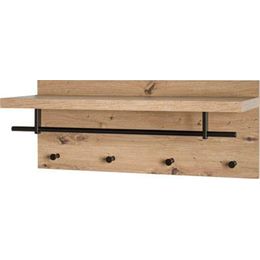 Wandgarderobe HAKU, 4 Haken mit jeweils 3 kg Tragkraft, Kleiderstange, Hutablage, B 750 x T 260 x H 300 mm, Holz/Metall, helles Eiche-Dekor/schwarz