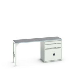 Unterbauwerkbank Bott verso, Linoleum-Platte, 2 Schubladen, 1 T&uuml;r, 1 Ablageboden, B 2000 x T 600 x H 930 mm, Lichtgrau