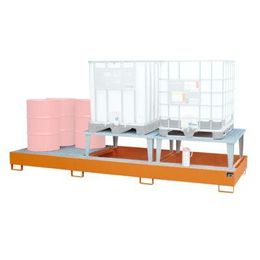 Auffangwanne Bauer AWA 32, Stahl, orange, L 3850 x B 1460 x H 780 mm, 1000 l, f&uuml;r 3 x 1000 l IBC, 2 Abf&uuml;llaufs&auml;tze, 1 Gitterost