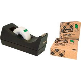 Scotch&reg; C38 Tischabroller schwarz + Scotch&reg; Magic&trade; Klebeband, mit 66 % pflanzlichem Klebstoff hergestellt, 19 mm x 33 m, inkl. 3 Rollen