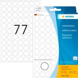 Vielzweck-Etiketten Herma 2230, selbstklebende Markierungspunkte, &Oslash; 13 mm, permanent haftend, 32 Blatt, Papier, matt, wei&szlig;