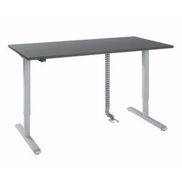 Schreibtisch, elektrisch h&ouml;henverstellbar, inkl. Kabelkette & Kabelkanal, Rechteck, T-Fu&szlig;, B 1600 x T 800 x H 715-1205 mm, graphit/wei&szlig;aluminium