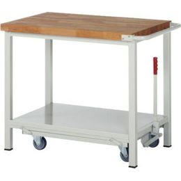 Rau Werkbank Serie 8000, fahrbar, absenkbar, Ablageboden, B 1000 x T 700 x H 880 mm