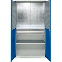 Sch&auml;fer Shop Sch&auml;fer Shop Genius Materialschrank FS, 5 OH, abschlie&szlig;bar, Lochrasterw&auml;nde/2 Sch&uuml;be/2 Fachb&ouml;den, bis 450 kg, B 1055 x T 520 x H 1950 mm, lichtgrau/enzianblau + Gratis Einsatzkastenset-24 tlg.