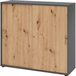Schiebet&uuml;rschrank Breno, abschlie&szlig;bar, Spanplatte, melaminharzbeschichtet, B 1200 x T 400 x H 1100 mm, 3 Ordnerh&ouml;hen, Graphit/Asteiche