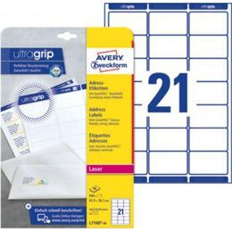 Avery Zweckform Adressetiketten L7160-40, mit ultragrip, geeignet für Laserdrucker, 63,5 x 38,1 mm, 840 Stück/40 A4-Bogen, 100 % FSC®-Papier, weiß