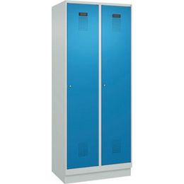 Kleiderspind C+P Evolo Plus, 2 Abteile, 400 mm Abteilbreite, mit Sockel, Anschlag rechts, B 800 x T 500 x H 1950 mm, Zylinder, lichtgrau/lichtblau