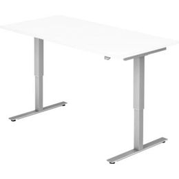 Schreibtisch ULM, elektrisch h&ouml;henverstellbar, Rechteck, T-Fu&szlig;, B 1600 x T 800 x H 720-1190 mm, wei&szlig;/alusilber + Kabelwanne