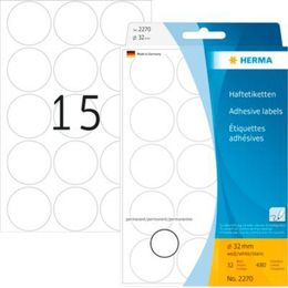 Herma Klebepunkte 2270, &Oslash; 32 mm, selbstklebend, permanenthaftend, per Hand beschreibbar, 480 St&uuml;ck auf 32 Blatt, FSC&reg;-Papier, wei&szlig;