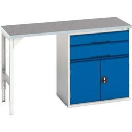 Unterbauwerkbank Bott verso, Linoleum-Platte, 2 Schubladen, 1 T&uuml;r, 1 Ablageboden, B 1500 x T 600 x H 930 mm, Lichtgrau / Enzianblau