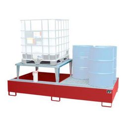 Auffangwanne Bauer AWA 21, Stahl, rot, L 2650 x B 1460 x H 863 mm, 1000 l, f&uuml;r 2 x 1000 l IBC, 1 Abf&uuml;llaufsatz, 1 Gitterost