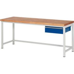 Rau Werkbank Serie 8000, station&auml;r, mit H&auml;ngeschublade, B 2000 x T 700 x H 840 &ndash; 1040 mm