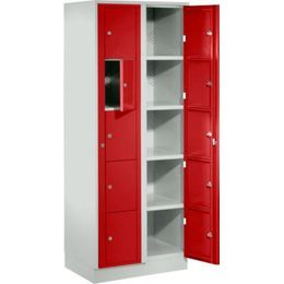 Verteilerschrank, mit Zentralt&uuml;r, Abteilbreite innen 350 mm, Breite 700 mm, 10 F&auml;cher, feuerrot