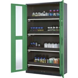 Chemikalienschrank ASECOS CS-CLASSIC-G, Fl&uuml;gelt&uuml;r m. Glasauschnitt, 4 Auszugswannen, 1055x520x1950 mm, resedagr&uuml;n
