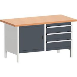 Bott Kastenwerkbank KW-1578-2.3, 3 geschlossene Schubladen, Fl&uuml;gelt&uuml;r, Rotbuchenholz-Arbeitsplatte, 1500 x 750 x 840 mm, anthrazit/lichtgrau