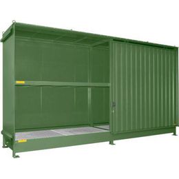 Regalcontainer Bauer Typ CEN 59-2 IBC, 2 Fachebenen, Schiebetor, 2000 l, B 6255 x T 1550 x H 3450 mm, resedagr&uuml;n RAL 6011