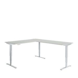 Sch&auml;fer Shop Winkelschreibtisch AERO FLEX, elektrisch h&ouml;henverstellbar, 90&deg; Winkel, T-Fu&szlig;, B 2000 x T 2400 mm, lichtgrau/wei&szlig;alu + Memorypanel