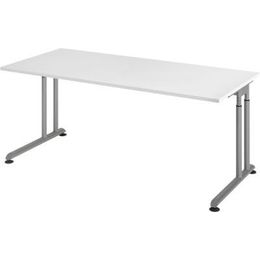 Schreibtisch Breno, manuelle H&ouml;heneinstellung, horizontaler Kabelkanal, B 1800 x T 800 x H 680-820 mm, Spanplatte & Stahl, Wei&szlig;/Silber