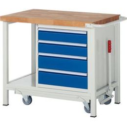 Rau Werkbank Serie 8162, absenkbar, fahrbar, 4 Schubladen, B 1000 x T 700 x H 880 mm