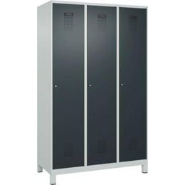 Kleiderspind C+P Evolo Plus, 3 Abteile, 400 mm Abteilbreite, mit F&uuml;&szlig;en, Anschlag rechts, B 1200 x T 500 x H 1950 mm, Zylinder, lichtgrau/anthrazitgrau