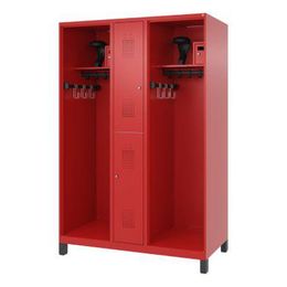Feuerwehrspind C+P Evolo Maxi, 4 Abteile f&uuml;r 2 Personen, mit Helmhalter, mit F&uuml;&szlig;en, B 1300 x T 600 x H 1950 mm, RAL 3000 Feuerrot/RAL 7021 Schwarzgrau
