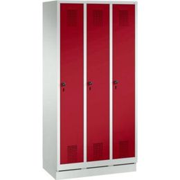 Kleiderspind Evolo S 3000, 3 Abteile, Stahl, Sockelh&ouml;he 100 mm, Sicherheitsdrehriegelverlschluss, lichtgrau/rubinrot