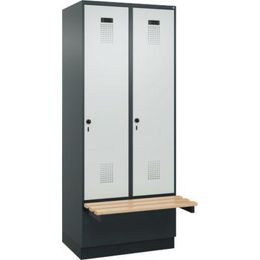 Kleiderspind C+P Evolo Plus, 2 Abteile &agrave; 400 mm Breite, Sockel, schwebende Sitzbank, B 800 x T 815 x H 1950 mm, Drehriegel, anthrazitgrau/lichtgrau