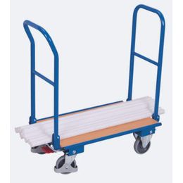 Schäfer Shop Doppel-Klappbügelwagen, Stahl/MDF-Platte, Enzianblau/Buche-Dekor, L 720 x B 450 mm, klappbare mit Querstrebe, TPE-Rollen mit EasySTOP, bis 150 kg
