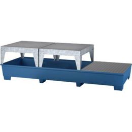 IBC-Station ASECOS, Stahl, mit Gitterrost, 2 Abf&uuml;llb&ouml;cken u. Staplerschuhen, 1000 l Auffangvolumen, B 3280 x T 1300 x H 820 mm, lackiert