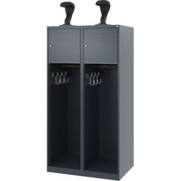 Feuerwehrspind C+P Evolo Youngster, 2 Abteile, mit Helmhalter, Bodengleiter, B 800 x T 500 x H 1530 mm, RAL 7016 Anthrazitgrau