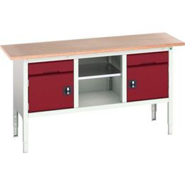 Kastenwerkbank Bott verso, Multiplex-Platte, 2 Schubladen, 1 Ablageboden, 2 T&uuml;ren, B 1750 x T 600 x H 830 - 930 mm, Lichtgrau / Purpurrot