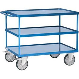 Tischwagen Fetra 2420W, bis 500 kg, 3 Etagen mit Wannen, Ladefl&auml;che L 850 x B 500 mm, TPE-Bereifung, Schiebegriff, Stahl, brillantblau