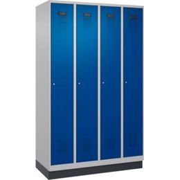 Kleiderspind C+P Evolo Plus, 4 Abteile, 300 mm Abteilbreite, mit Sockel, Anschlag rechts, B 1200 x T 500 x H 1950 mm, Zylinder, wei&szlig;aluminium/enzianblau