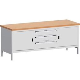 Bott Kastenwerkbank cubio, Rotbuchenholz-Arbeitsplatte, B 2000 x T 750 x H 840 mm, lichtgrau/lichtgrau