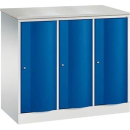 C+P Garderobenschrank Resisto, 3 Abteile, 3 F&auml;cher, B 1148 x T 540 x H 1077 mm, Lichtgrau/Enzianblau