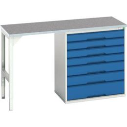 Unterbauwerkbank Bott verso, Linoleum-Platte, 7 Schubladen, B 1500 x T 600 x H 930 mm, Lichtgrau / Enzianblau
