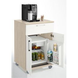 Catering-Caddy, mit K&uuml;hlschrankfach und Klappfach, B 650 x T 600 x H 1000 mm, mit K&uuml;hlbox, Eiche/wei&szlig;