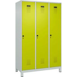 Kleiderspind C+P Evolo Plus, 3 Abteile, 400 mm Abteilbreite, mit F&uuml;&szlig;en, Anschlag rechts, B 1200 x T 500 x H 1950 mm, Drehriegel, lichtgrau/clowngr&uuml;n