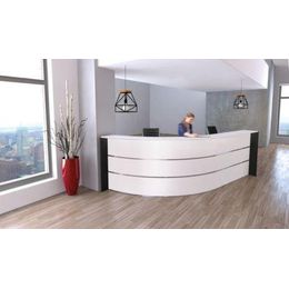 Gro&szlig;e Bogen-Empfangstheke Faro, mit Ablage und Seitenplatten, B 3320 x T 1800 x H 1120 mm, wei&szlig;/anthrazit