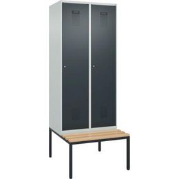 Kleiderspind C+P Evolo Plus, 2 Abteile, 400 mm Abteilbreite, mit untergebauter Sitzbank, B 800 x T 815 x H 2120 mm, Zylinder, lichtgrau/anthrazitgrau