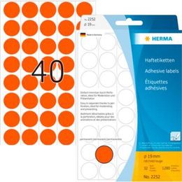 Herma Klebepunkte 2252, &Oslash; 19 mm, selbstklebend, permanenthaftend, per Hand beschreibbar, 1280 St&uuml;ck auf 32 Blatt, FSC&reg;-Papier, rot