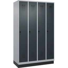 Kleiderspind C+P Evolo Plus, 4 Abteile, 300 mm Abteilbreite, mit Sockel, Anschlag rechts, B 1200 x T 500 x H 1950 mm, Drehriegel, wei&szlig;aluminium/anthrazitgrau