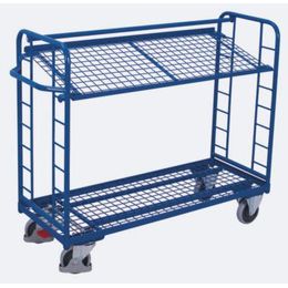 Etagenwagen, Stahl/Drahtgitter, Enzianblau, 2 Etagen, 1355 x 550 mm, Stirnwände mit Rundstahlverstrebung, EasySTOP, bis 250 kg