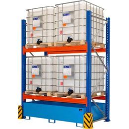 BAUER Umwelt-Grundregal UR-G 2200-2, Palettenregal, B 2400 x T 1300 x H 3000 mm, f&uuml;r max. 4 IBC, Auffangwanne 1000 l, lichtblau/verkehrsblau/reinorange