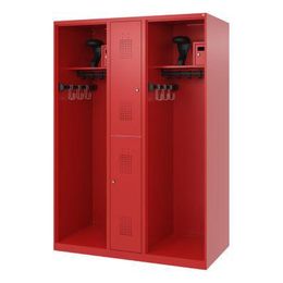 Feuerwehrspind C+P Evolo Maxi, 4 Abteile f&uuml;r 2 Personen, mit Helmhalter, Bodengleiter, B 1300 x T 600 x H 1850 mm, RAL 3000 Feuerrot